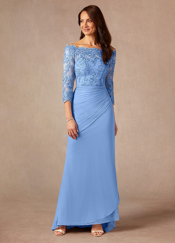 Azazie Rhonda Steel Blue Mermaid Off the Shoulder Mesh Dress | Azazie