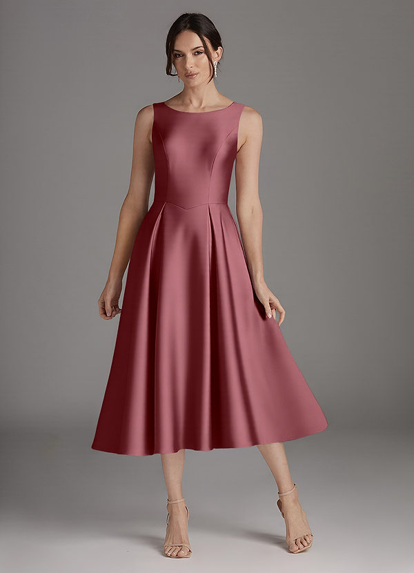 Azazie Fulton Desert Rose A-Line Pleated Stretch Satin Dress | Azazie CA