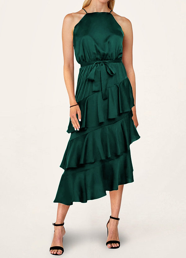 Dark Emerald Hayden Dark Emerald Satin Halter Neck Tiered Midi Dress ...
