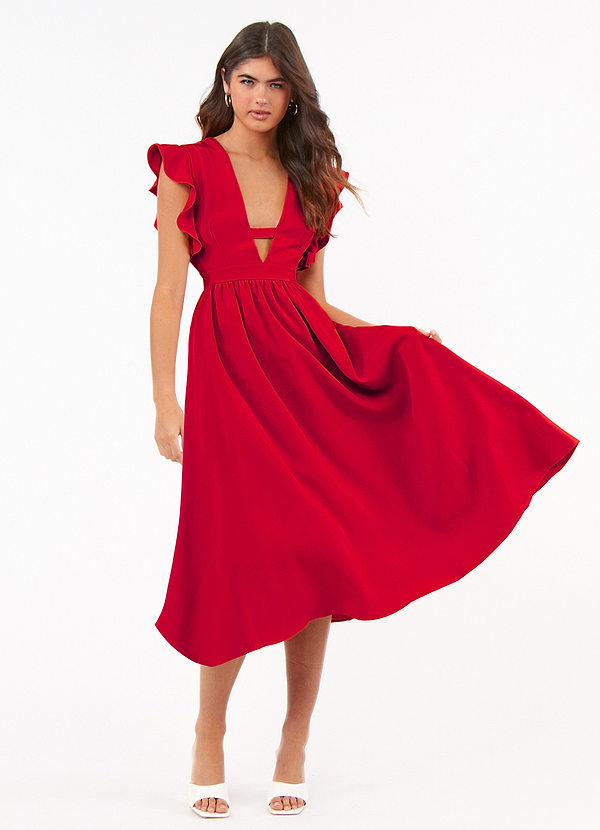 Red Regal Ruffles Red Satin Flutter Sleeve Midi Dress Dresses | Azazie