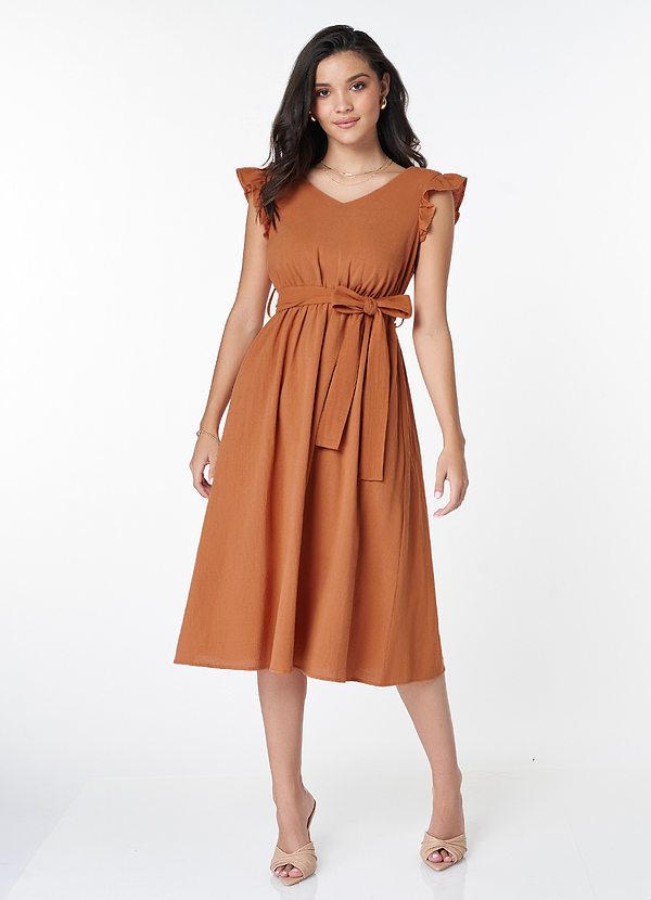 Brown Batavia Brown Flutter Sleeve Midi Dress Dresses | Azazie