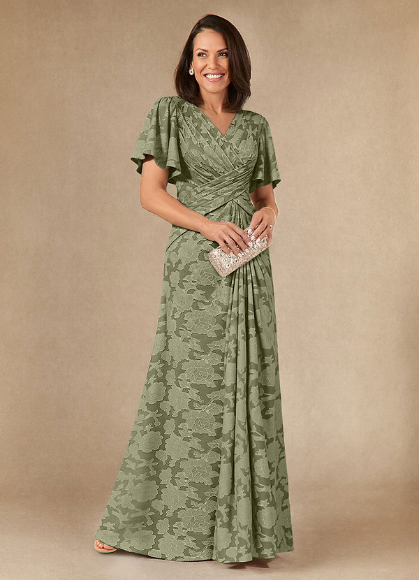 Azazie Emmeline Pistachio A-Line Pleated Floral Burnout Dress Ready to ...