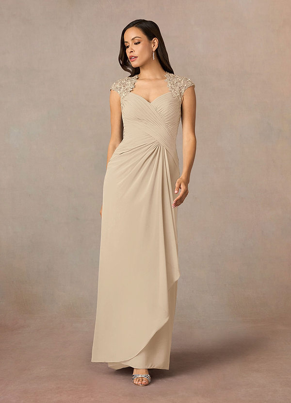 Azazie Birdie Champagne A-Line Queen Anne Sequins Chiffon Dress | Azazie