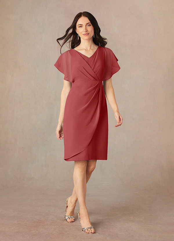 Azazie Julia Rust Sheath V-Neck Pleated Chiffon Dress | Azazie CA