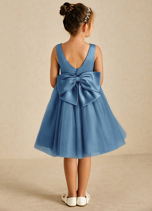 Azazie Sarina Steel Blue A-Line Bow Tulle Dress | Azazie