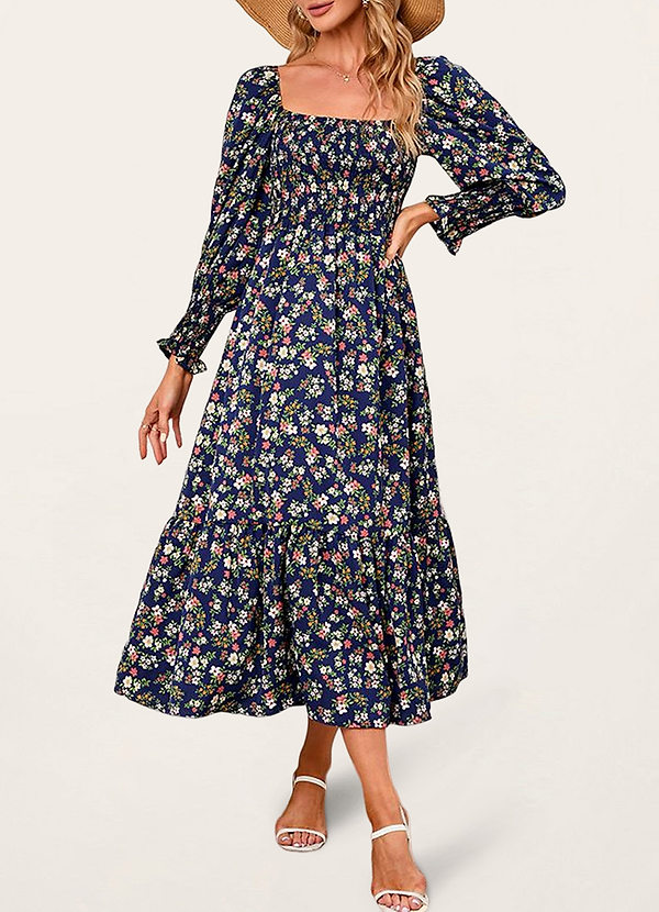 Chic Status Black Floral Print Long Sleeve Smocked Midi Dress Dresses ...
